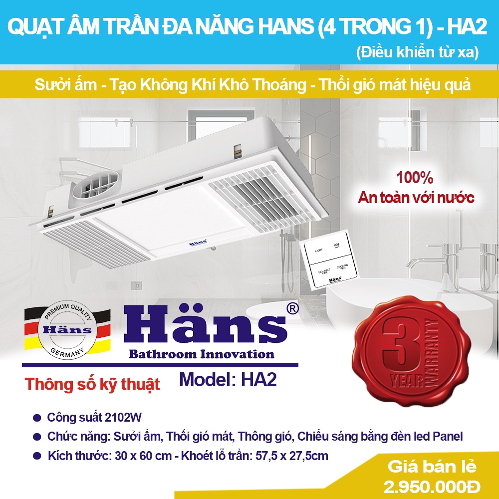Quạt sưởi, đèn sưởi nhà tắm âm trần HANS HA2 4 chức năng kết hợp đèn led chiếu sáng. [CHÍNH HÃNG ...