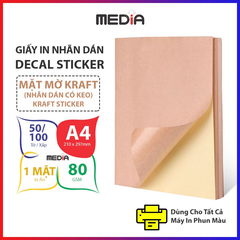 Giấy In Decal Kraft Màu Media A4 Mờ 80gsm Khổ 21x30cm (A4) 50/100 Tờ ...