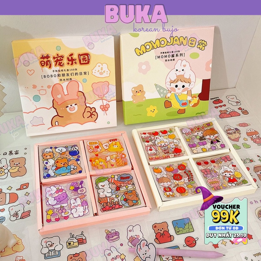 Hộp 100 tấm sticker trang trí Buka set sticker dễ thương cắt sẵn trang ...