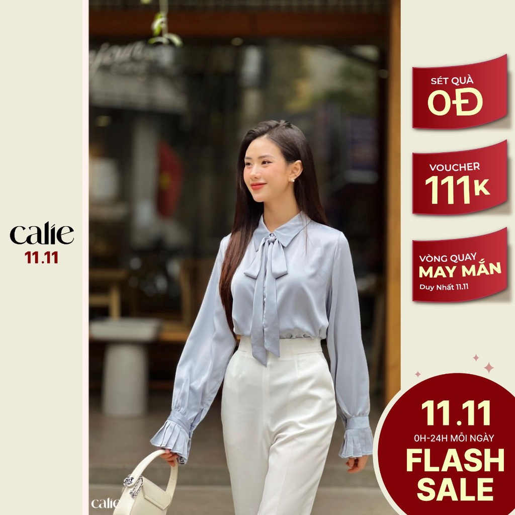 Áo sơ mi nữ tay dài phối xếp ly cổ thắt nơ thời trang công sở Calie ...