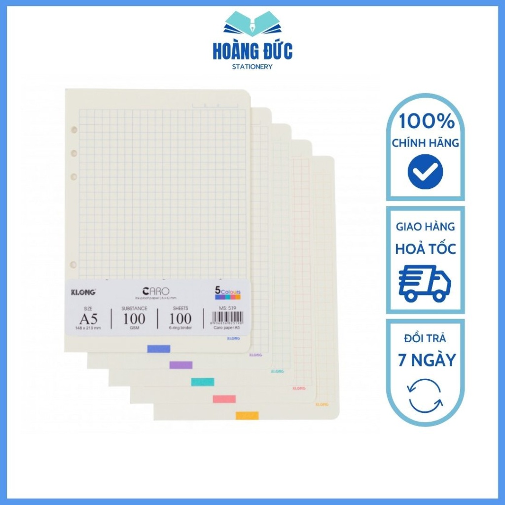 Ruột sổ Klong kẹp còng Caro (6x6) mm 5 màu 100 tờ A5 (MS: 519), 100 tờ ...