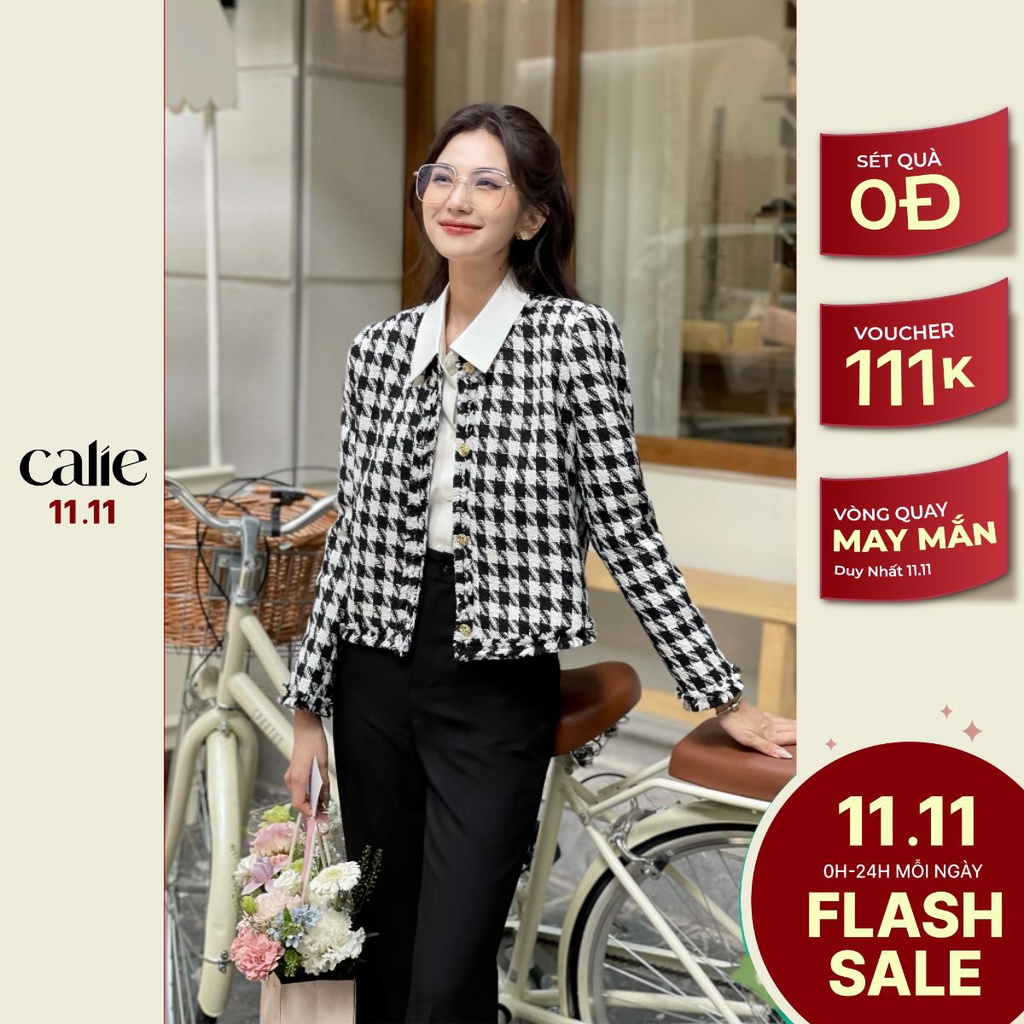 Áo khoác nữ dạ tweed họa tiết kẻ phối tua rua kèm túi CALIE AK057 ...