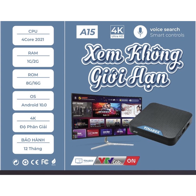 TV BOX VINABOX A15 Black 2021 Chính hãng (RAM 2G, ROM 16G, Android 10.0, HDMI, LAN, Wifi ...