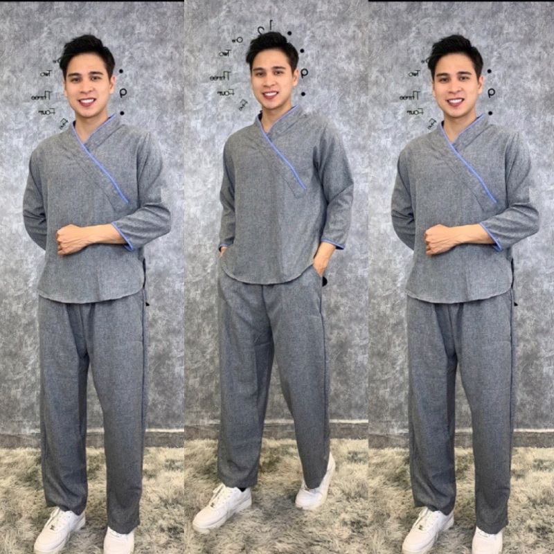 Đồ lam đi chùa nam cao cấp-Pháp phục Phật Tử nam kín đáo vải linen dày ...