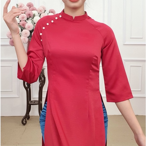 CT69 áo dài cách tân tây thi đỏ đô cổ 2p đính ngọc (KHÔNG GỒM QUẦN ...