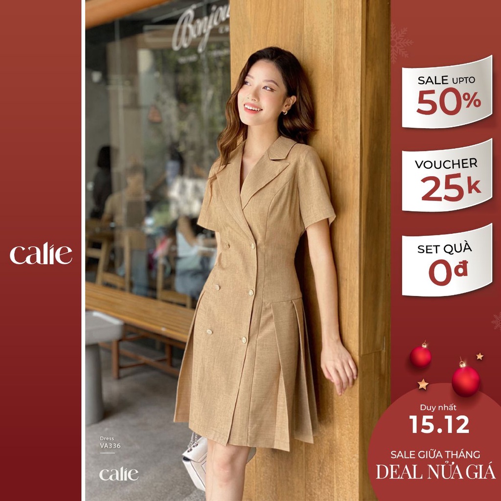 Váy nữ dáng A cổ vest phối xếp ly thanh lịch CALIE VA336 | Shopee Việt Nam