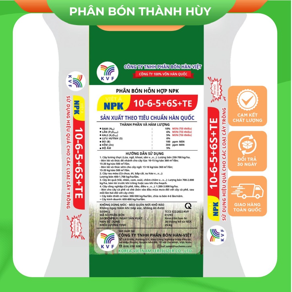 Phân bón NPK HÀN-VIỆT 10-6-5+6S+TE hạt màu tự nhiên dùng cho cây lương thực bổ sung trung vi ...