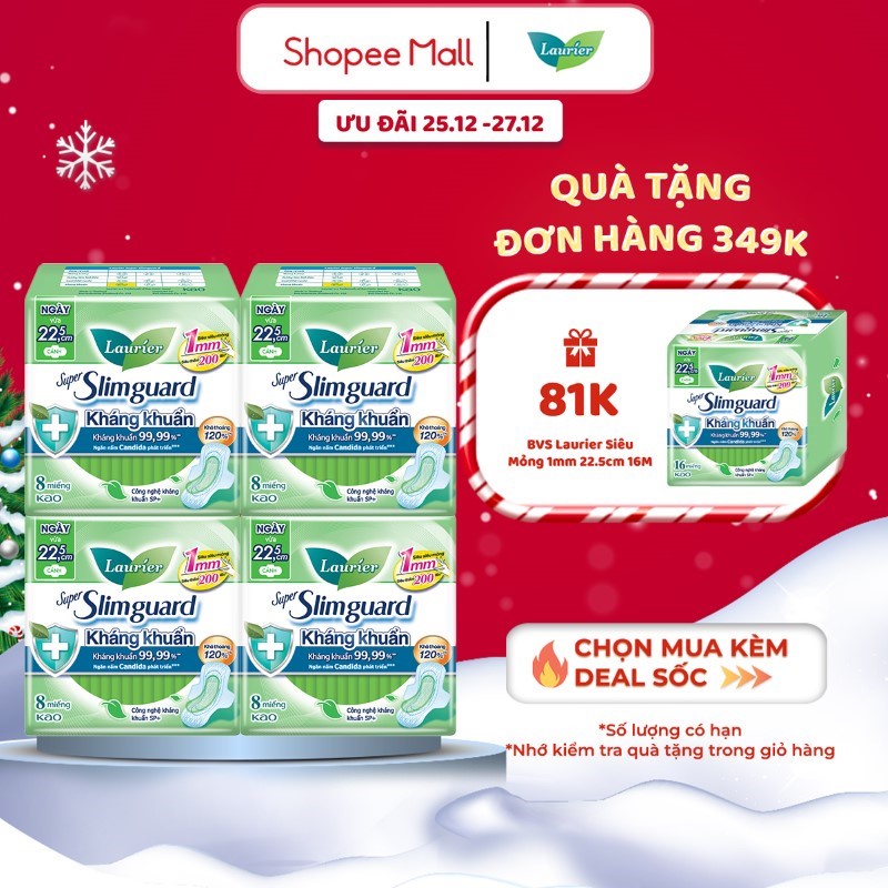 Combo 4 gói BVS Laurier Siêu Mỏng 1mm Kháng khuẩn 22.5cm 8 miếng ...
