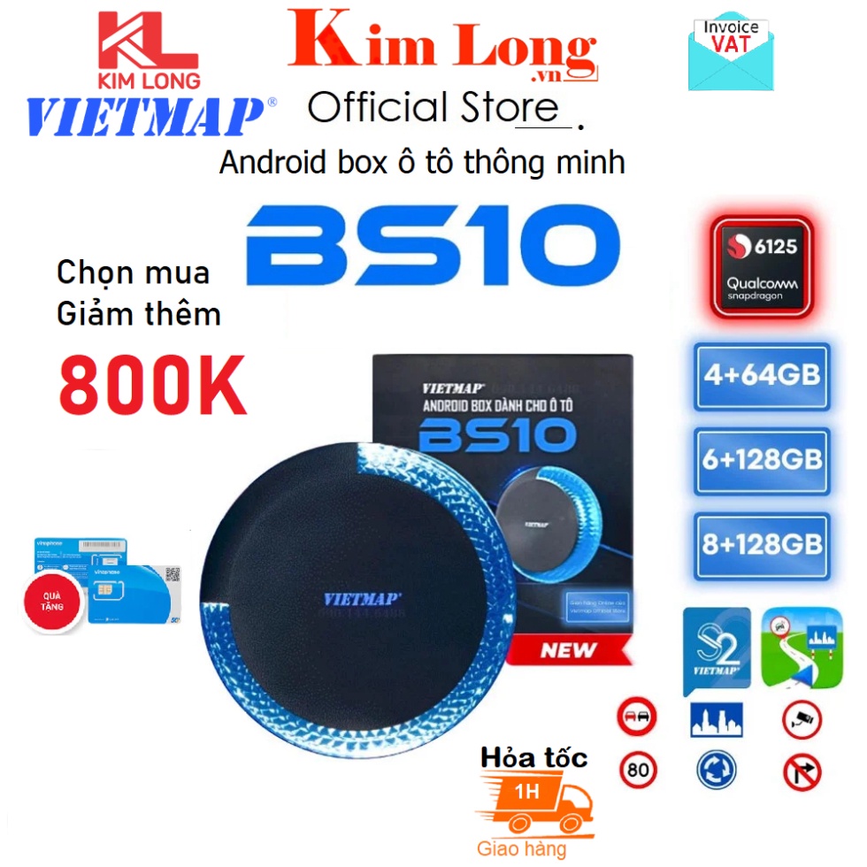 Android box ô tô Vietmap BS10 Dẫn đường S2 , Vietmap Live, Kết nối Sim ...