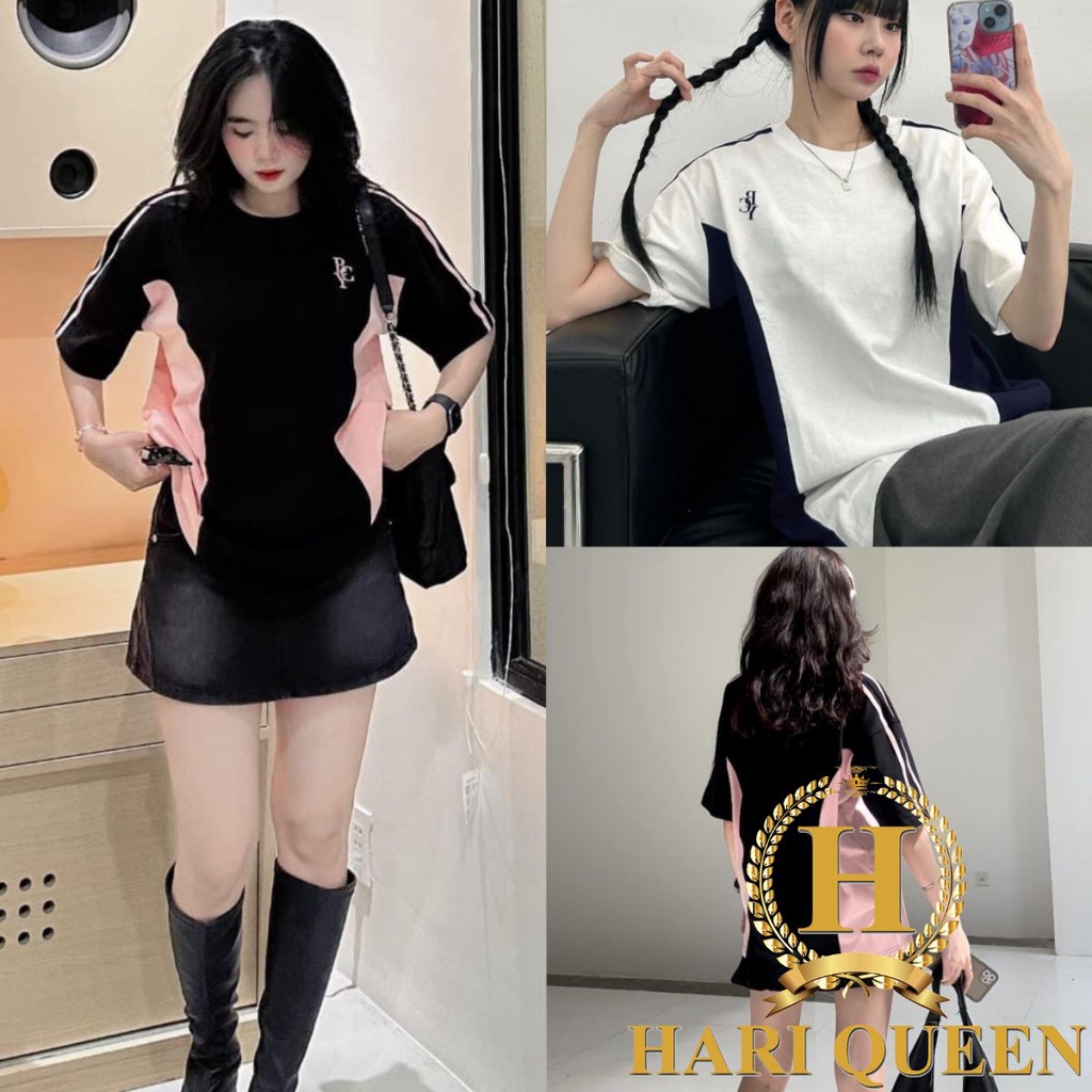 Áo thun tay lỡ thêu BYC phối màu form rộng đẹp HARIQUEEN - Áo phông nam nữ Unisex chất cotton ...