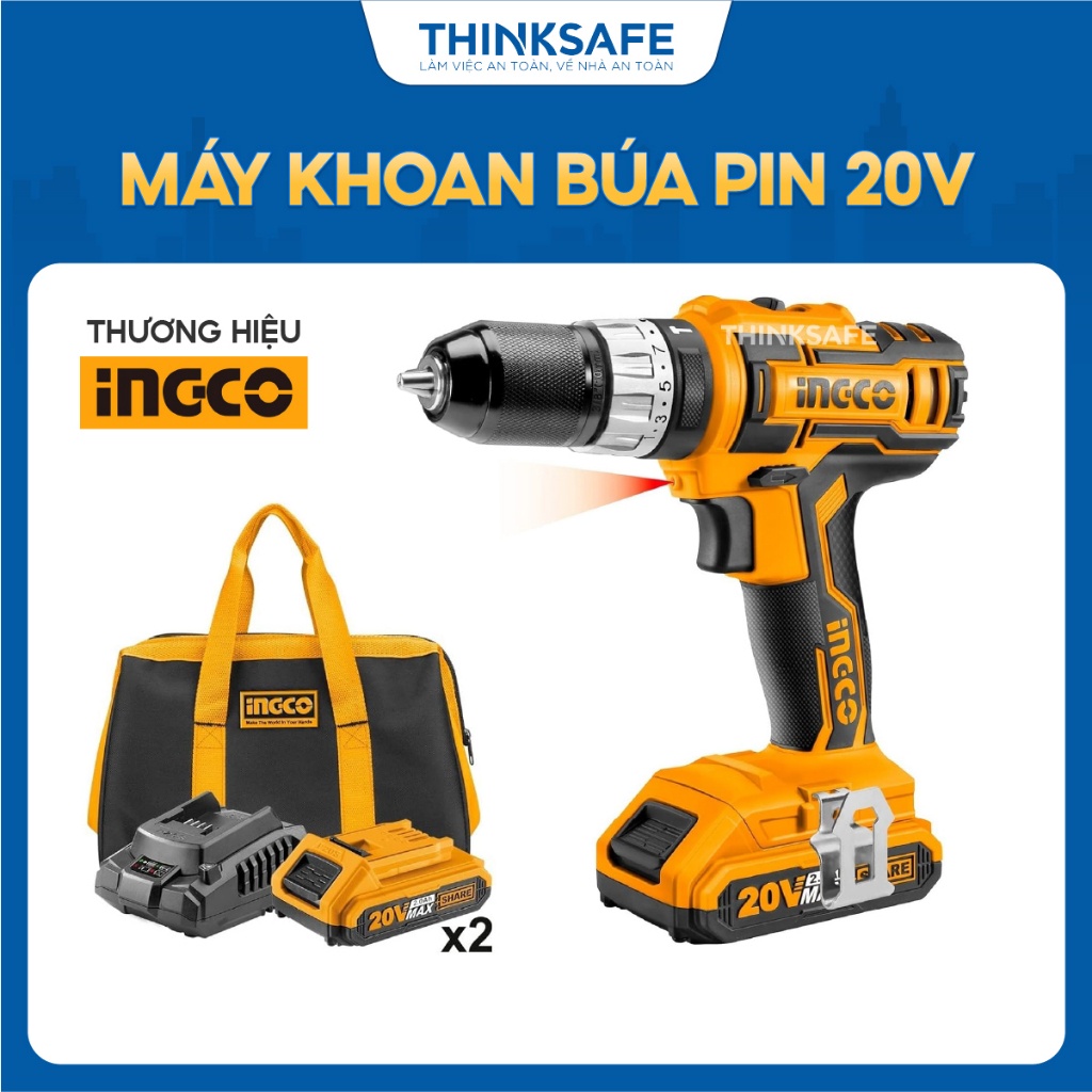 Máy khoan búa pin 20V INGCO CIDLI2002 45NM, đầu cặp 0.85-10mm, khóa tự ...