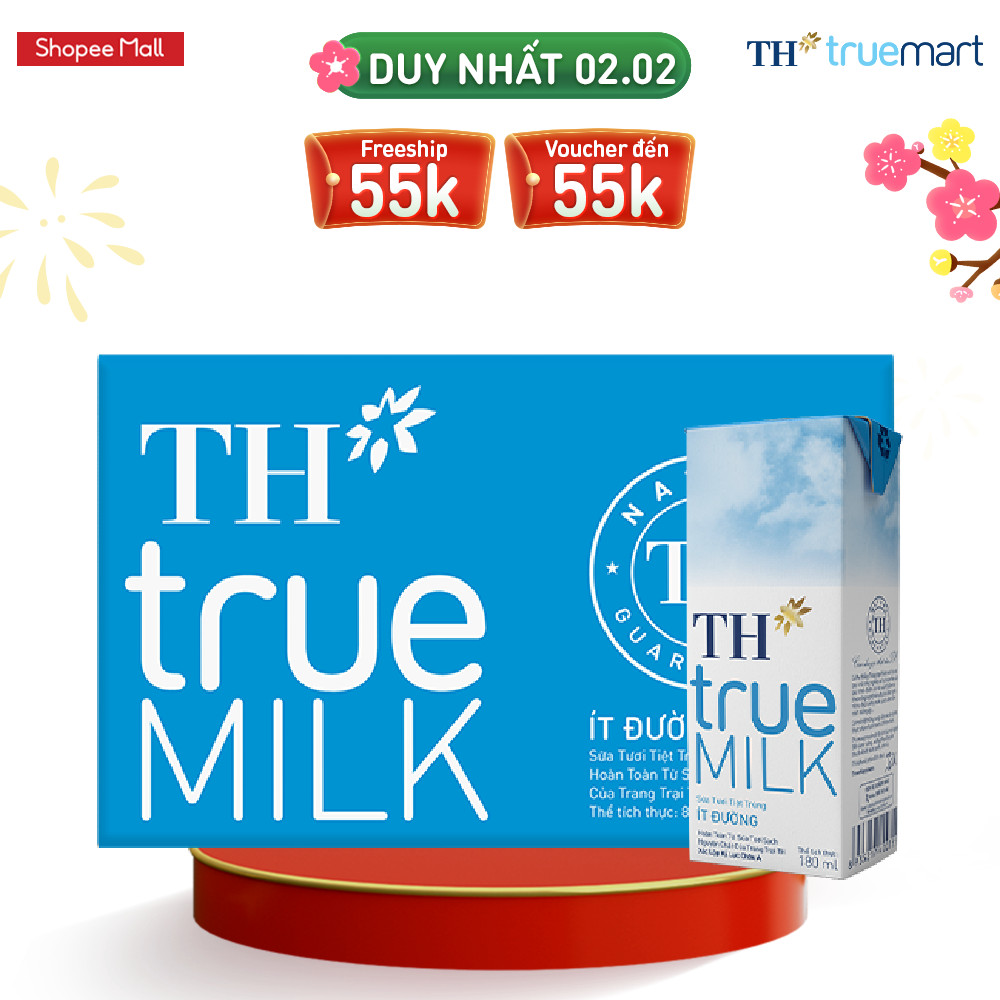 Thùng 48 hộp sữa tươi tiệt trùng ít đường TH True Milk 180ml (180ml x ...