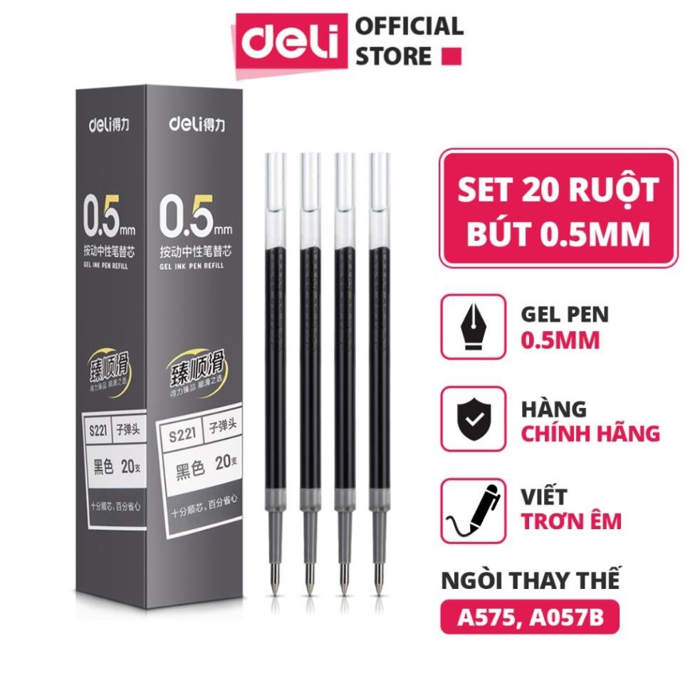 Combo 20 ruột bút gel S221 Deli 0.5mm dùng cho bút bi nước A575 không gai viết trơn tru phù hợp ...