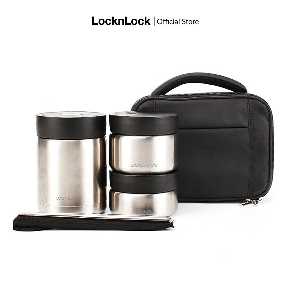 Bộ hộp cơm giữ nhiệt L&L bằng thép không gỉ (460ml*1, 420ml*1, 280ml*1, đũa*1, túi đựng *1 ...