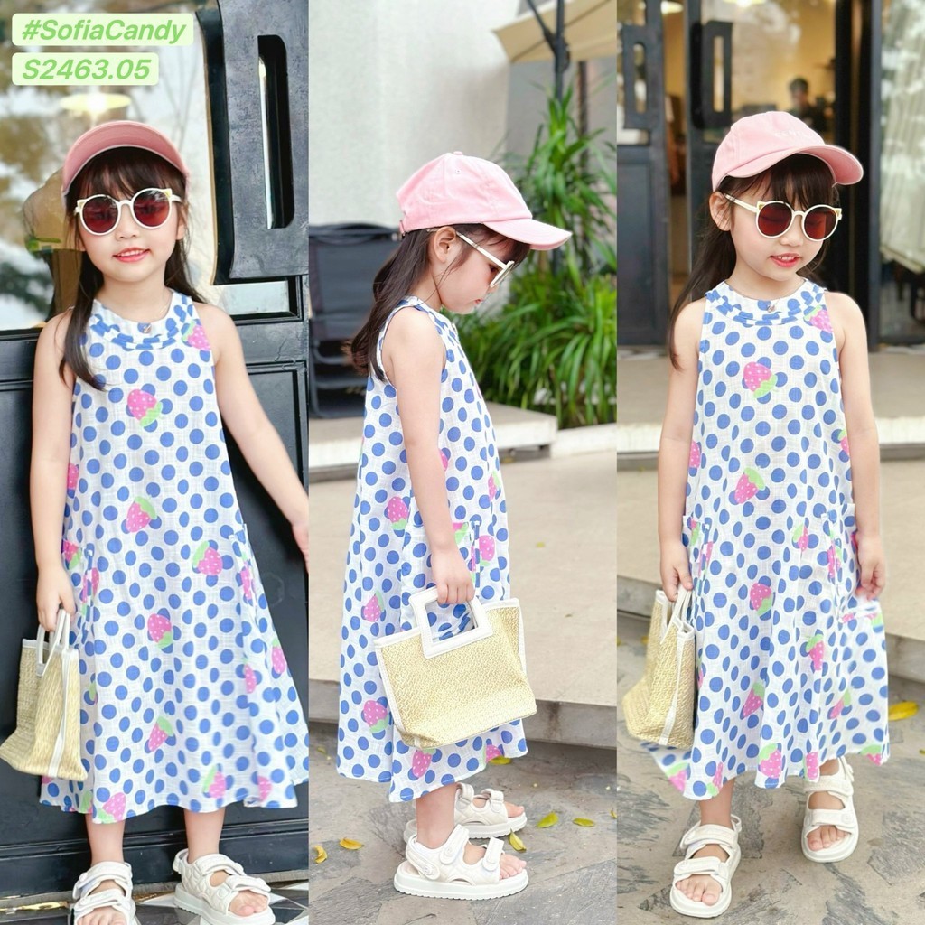 Váy Sofia Candy thô đũi sát nách trắng chấm bi xanh dâu tây size 1 ...