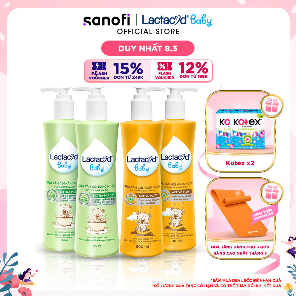 Bộ 2 Chai Sữa Tắm Gội Trẻ em Lactacyd Baby Active Play 500ml +2 Chai Lactacyd Baby Extra Milky ...
