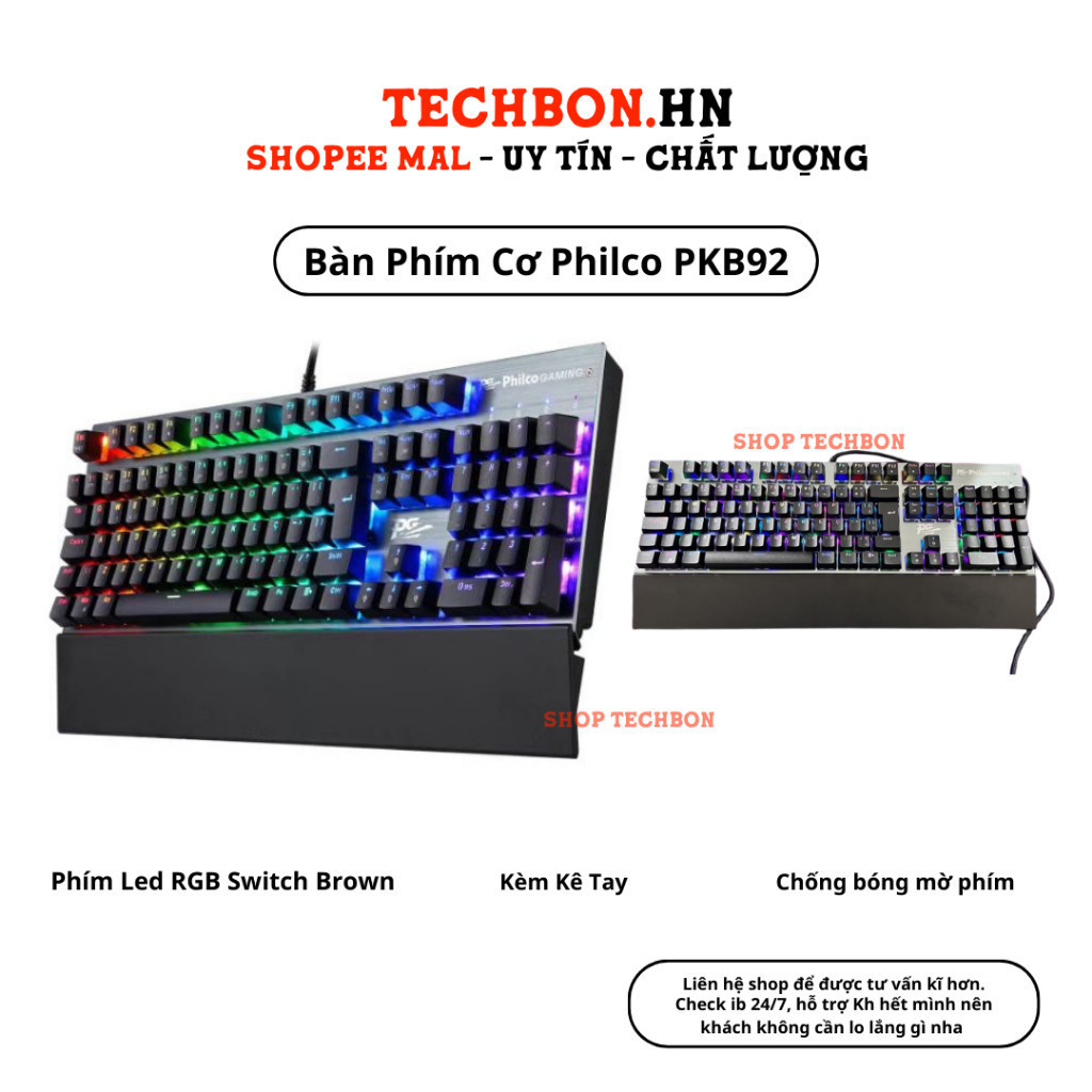 Bàn Phím Cơ Chơi Game Philco PKB92, Phím Led RGB Switch Brown, Kèm Kê Tay Cho Máy Tính PC Gaming ...