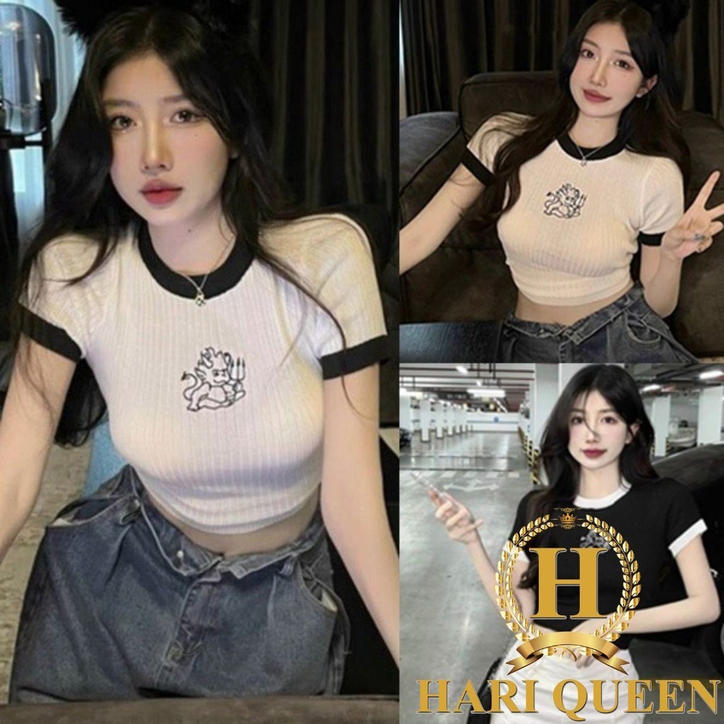 Áo croptop body Devil Ác Quỷ đinh ba cổ lé phối đen trắng cá tính HARIQUEEN | Shopee Việt Nam