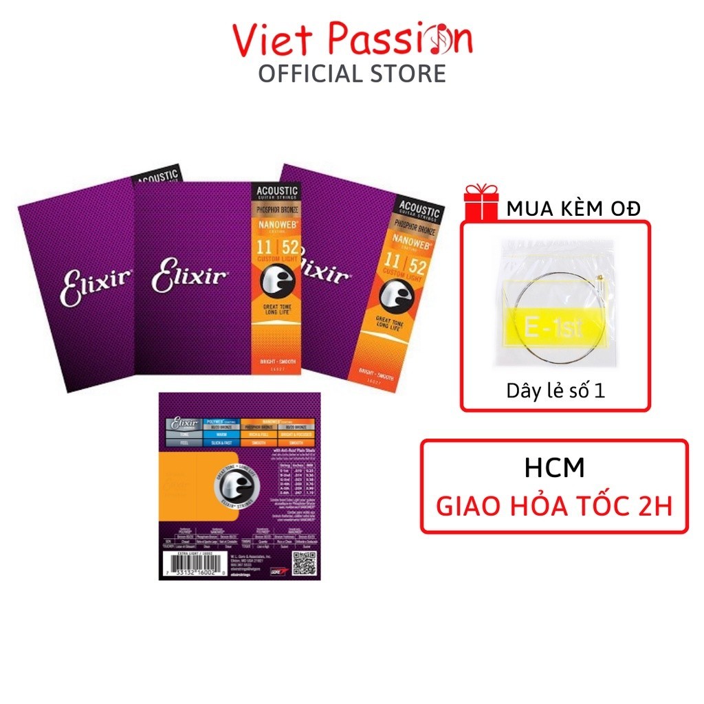 Dây đàn guitar acoustic elixir 16027 Phosphor Bronze Nanoweb cỡ 11 dây ...