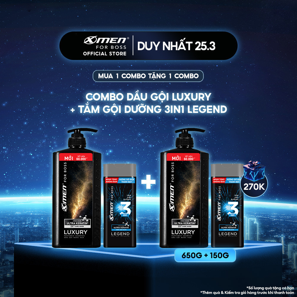 [MUA 1 TẶNG 1] Combo Dầu gội X-Men for Boss Luxury 650g + Tắm gội dưỡng 3in1 Legend 150g ...