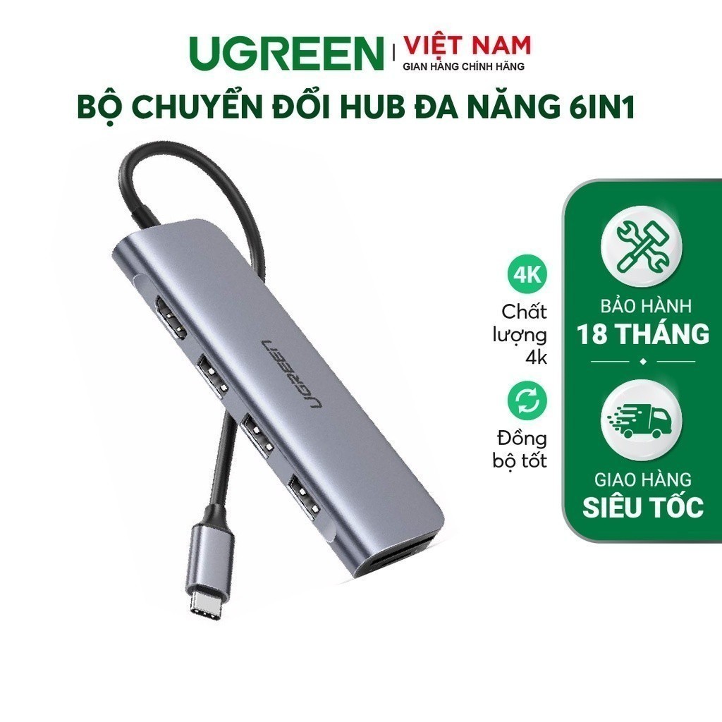 Bộ chuyển Type C UGREEN 60383, hỗ trợ xuất cổng HDMI + 3*USB + SD+ TF Hàng phân phối chính hãng ...