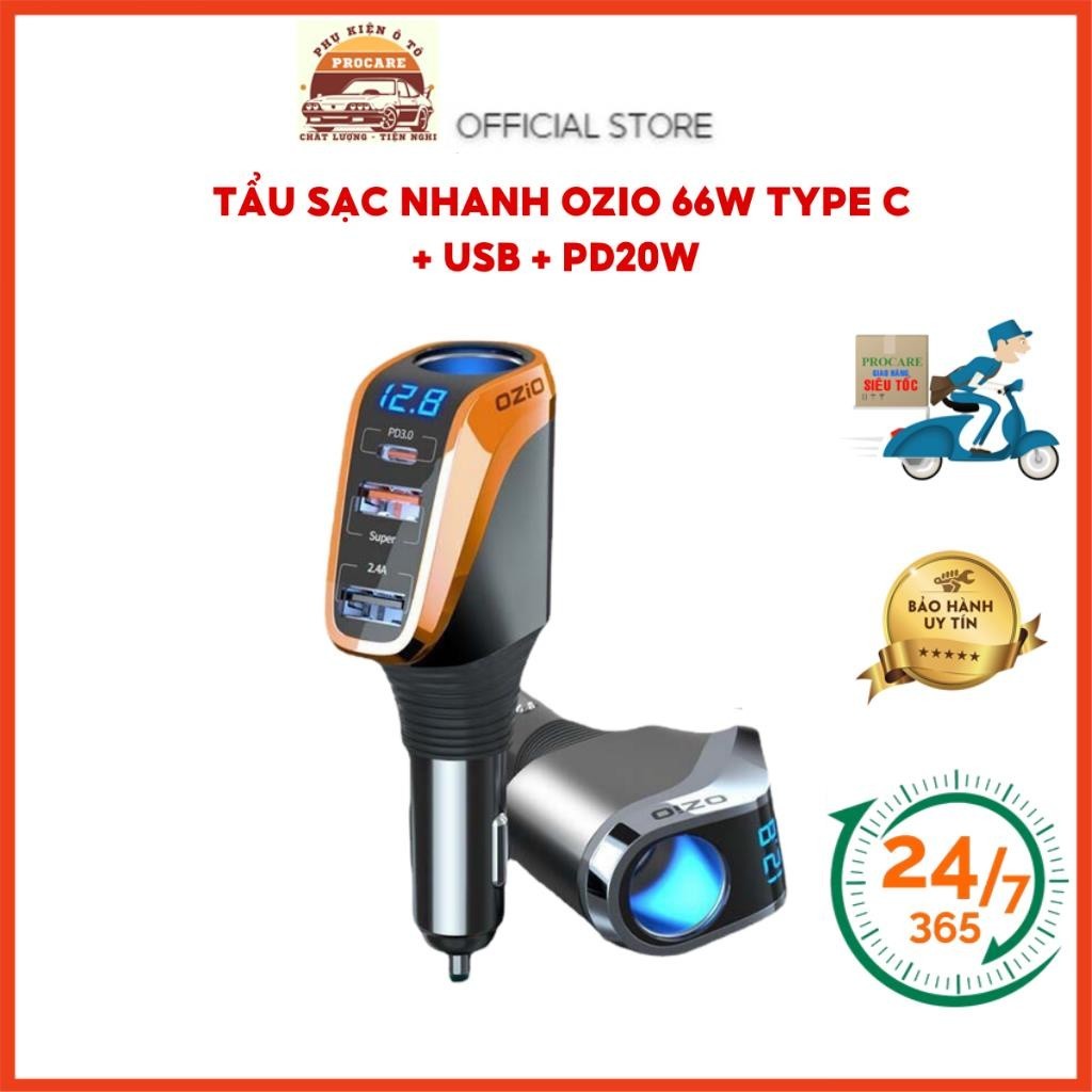Tẩu sạc nhanh OZiO 66w type C + USB + PD20w chính hãng phân phối ...