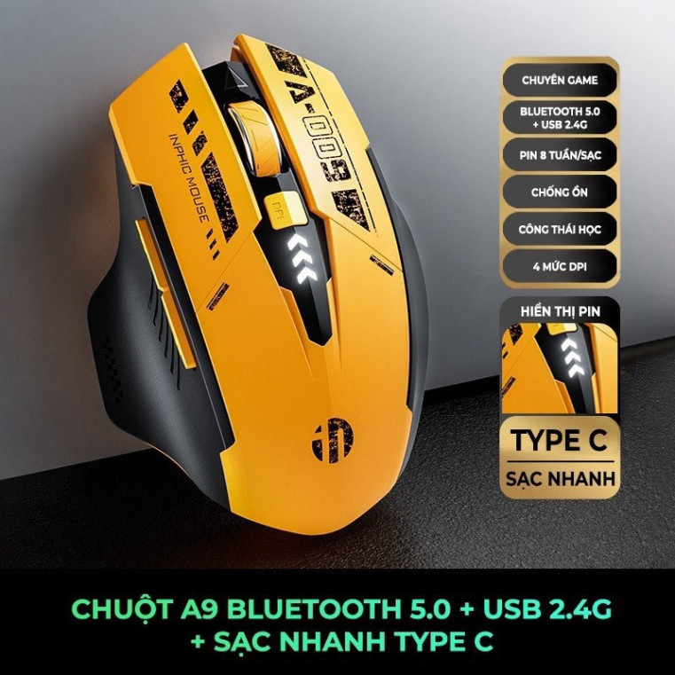 Chuột không dây Inphic A9 A1 F9 3 mode (BT4/BT5/2.4ghz) pin sạc độ nhạy 800-2400DPI chơi game ...