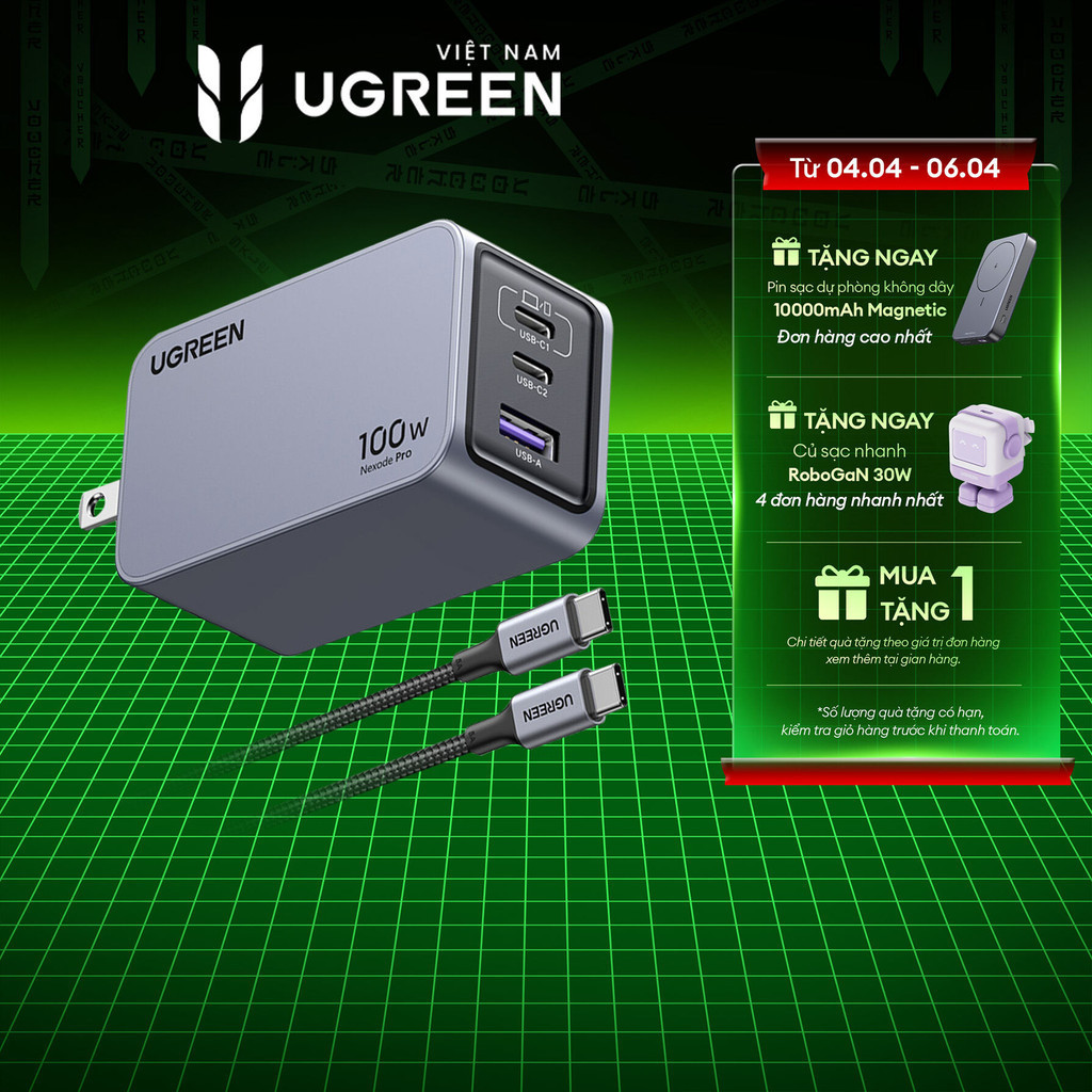 Bộ sạc nhanh UGREEN 100W Nexode GaN Pro X757 | 3 cổng sạc USB C/USB A | Kèm cáp sạc nhanh Type-C ...