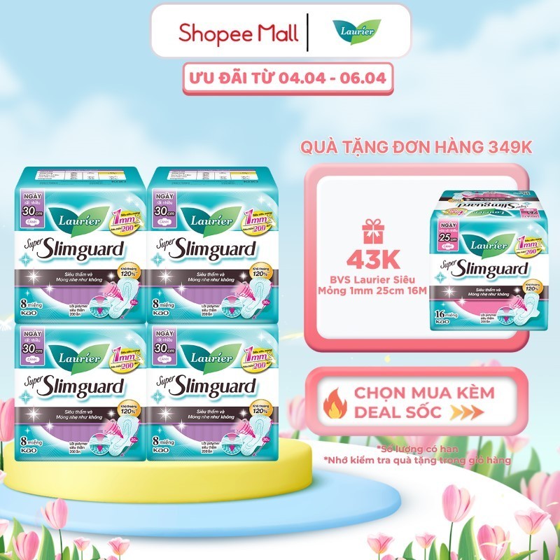 Combo 4 gói BVS Laurier siêu mỏng bảo vệ 1mm 30cm 8 miếng | Shopee Việt Nam