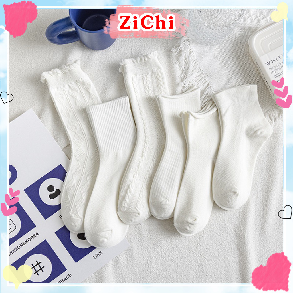 Tất vớ nữ cổ cao màu trắng vải cotton co giãn thời trang Hàn Quốc Zichi TV08 | Shopee Việt Nam