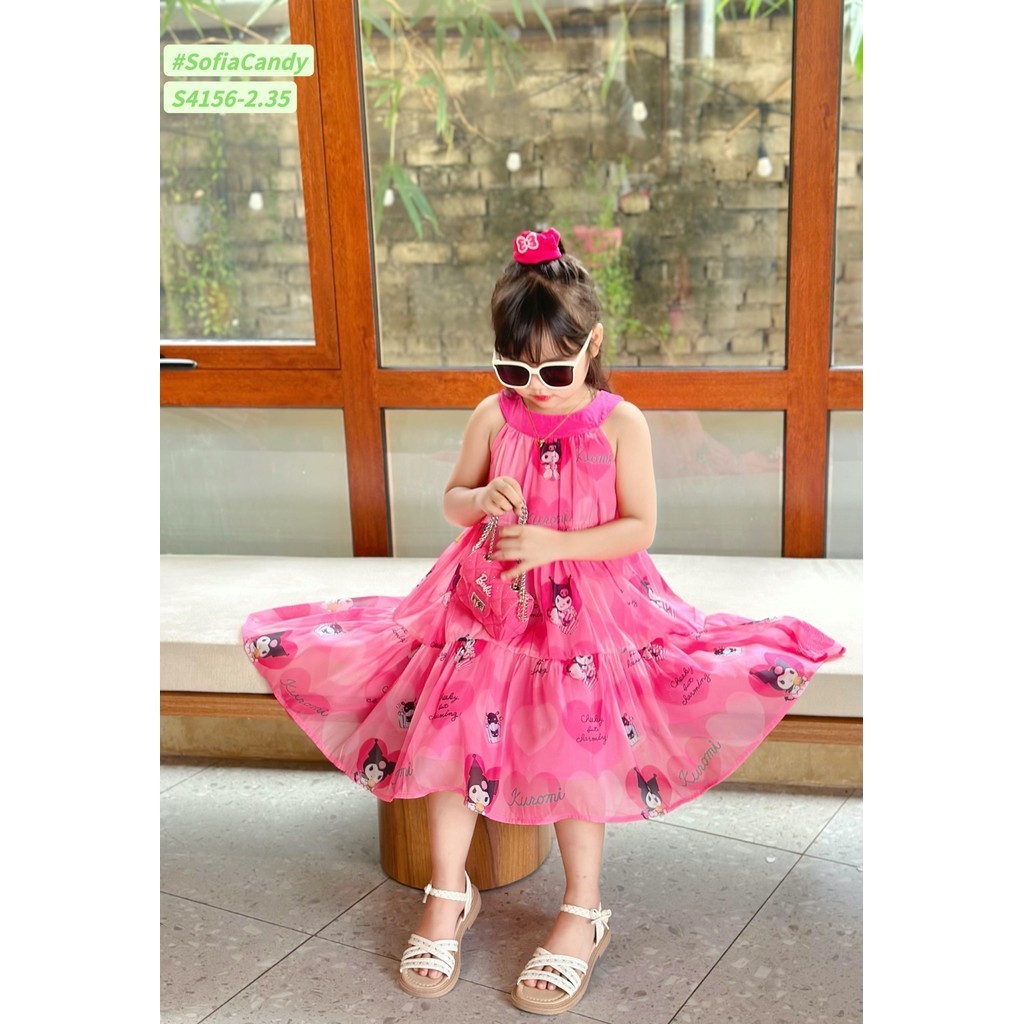 S4156 - Váy Sofia Candy vải tơ kuromi 2 màu hồng/tím in tràn cổ yếm ...