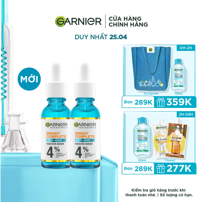 Bộ đôi dưỡng chất cho da dầu mụn Garnier Bright Complete Anti-Acne Serum 4% [Niacinamide, BHA ...