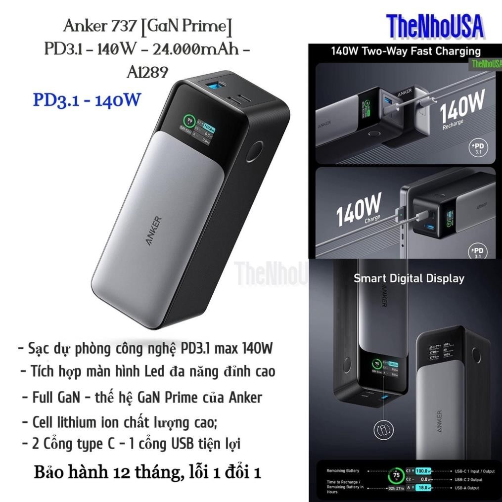 Pin sạc dự phòng 140W Anker 737 GaN Prime PowerCore 24000mAh A1289 Màn Led đa năng PD 3.1 PPS QC ...