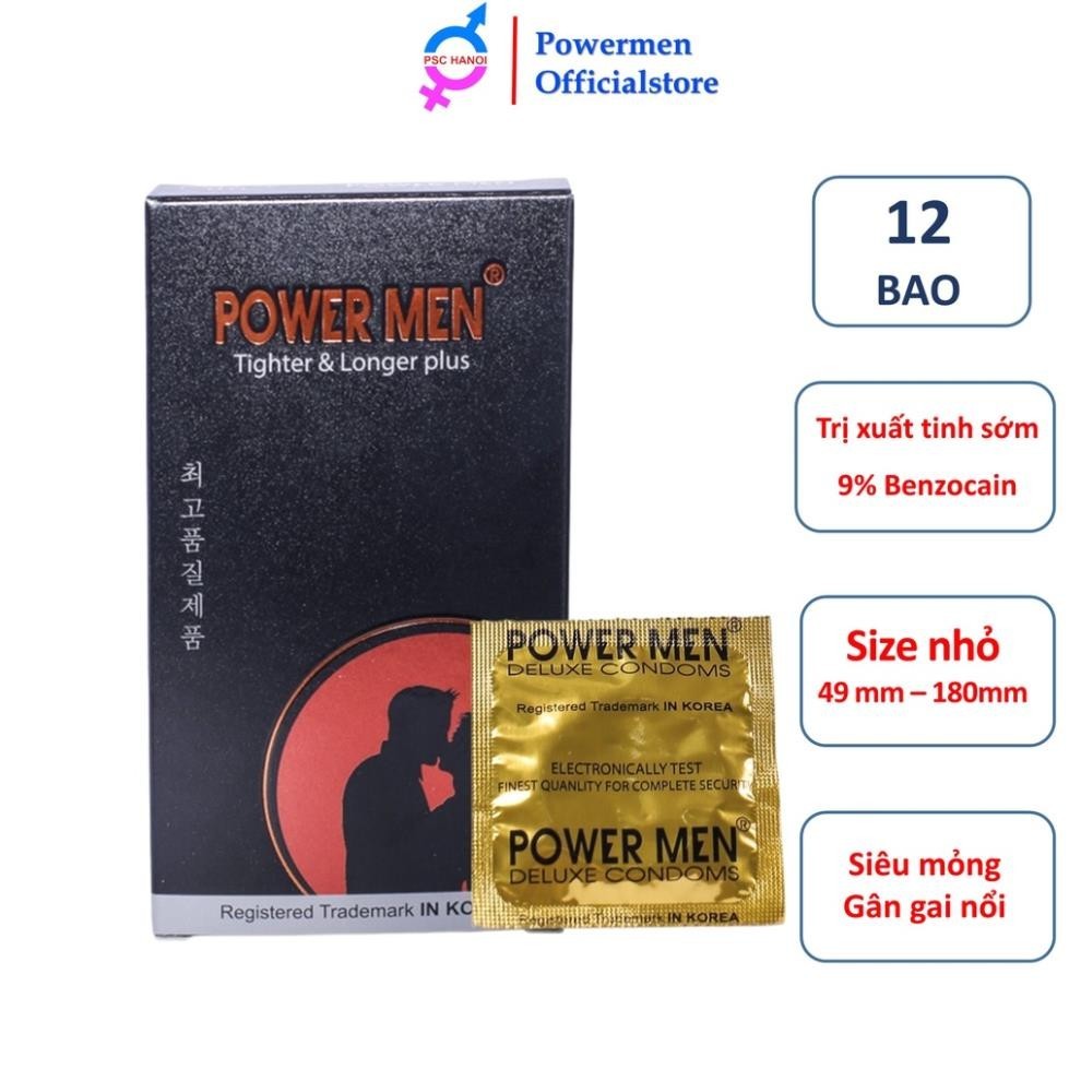 Bao cao su size nhỏ Powermen TIGHTER & LONGER Gân gai ôm khít chứa 9% Benzocain kéo dài thời ...