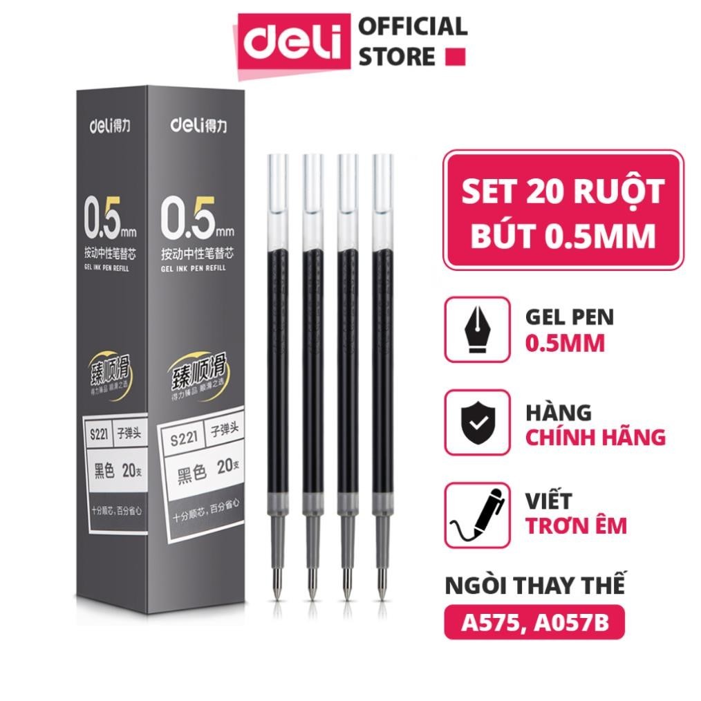 Combo 20 ruột bút gel S221 Deli 0.5mm dùng cho bút bi nước A575 không gai viết trơn tru phù hợp ...