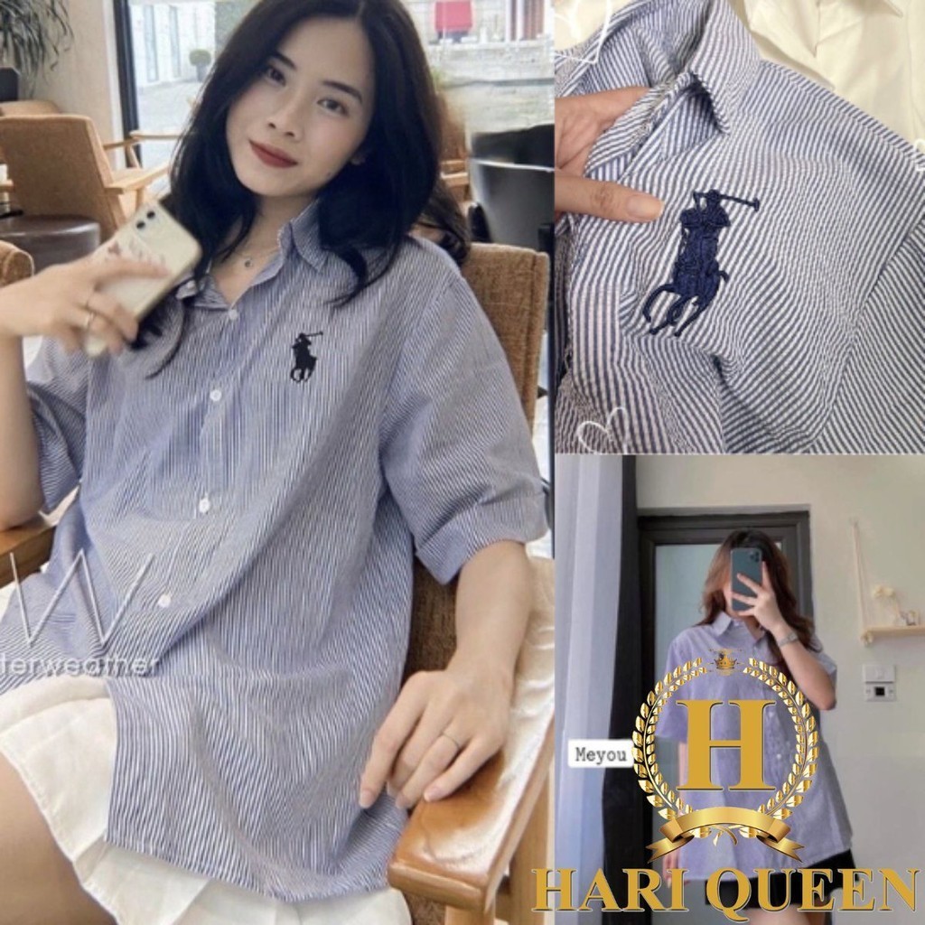 Áo sơ mi kẻ xám - kẻ xanh Thêu Ngựa kẻ xốp mát nam nữ dáng tay lỡ rộng đẹp HARIQUEEN hottrend ...