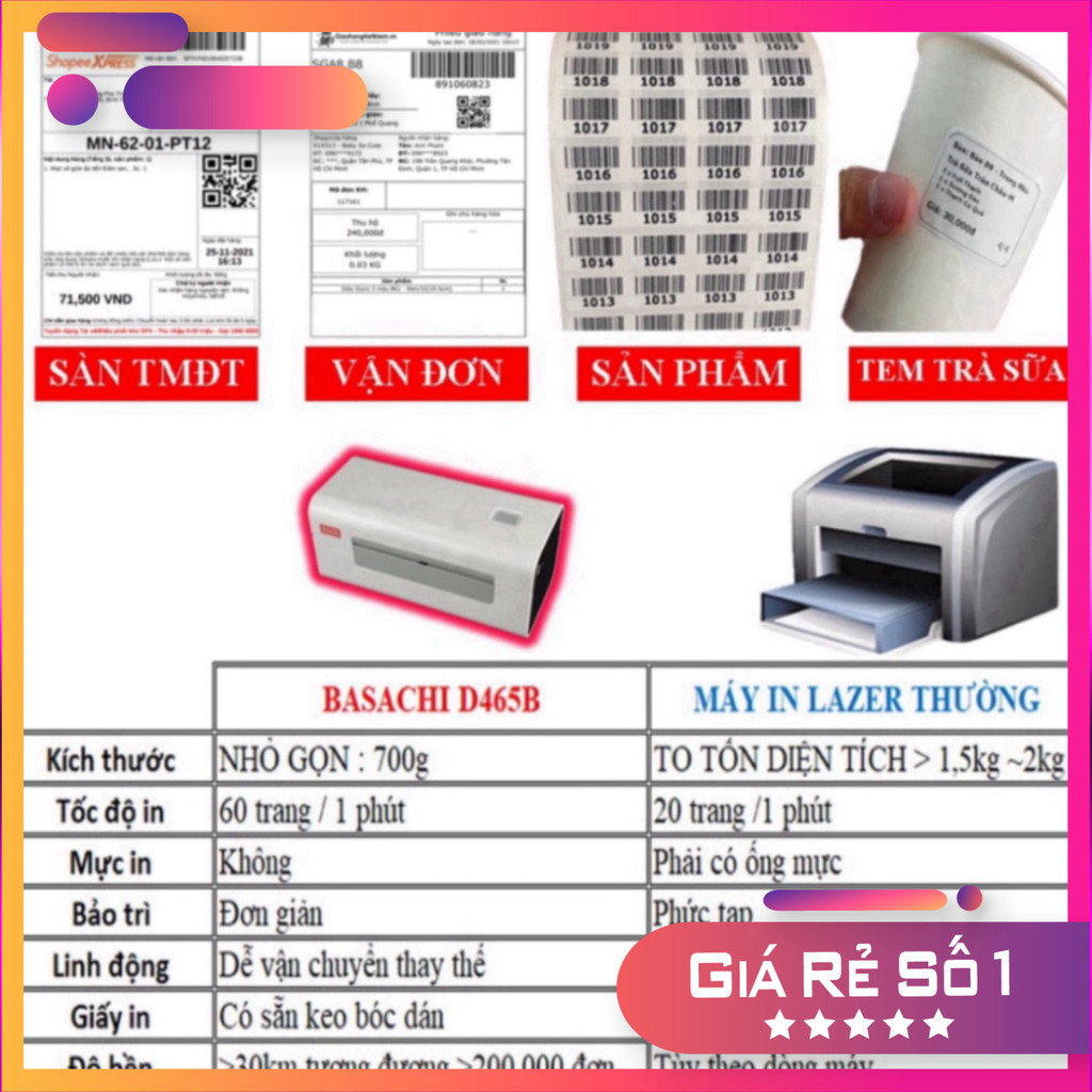Chính Hãng Máy in nhiệt BASACHI D465B + 500 TỜ A6 dùng in đơn Hàng ...