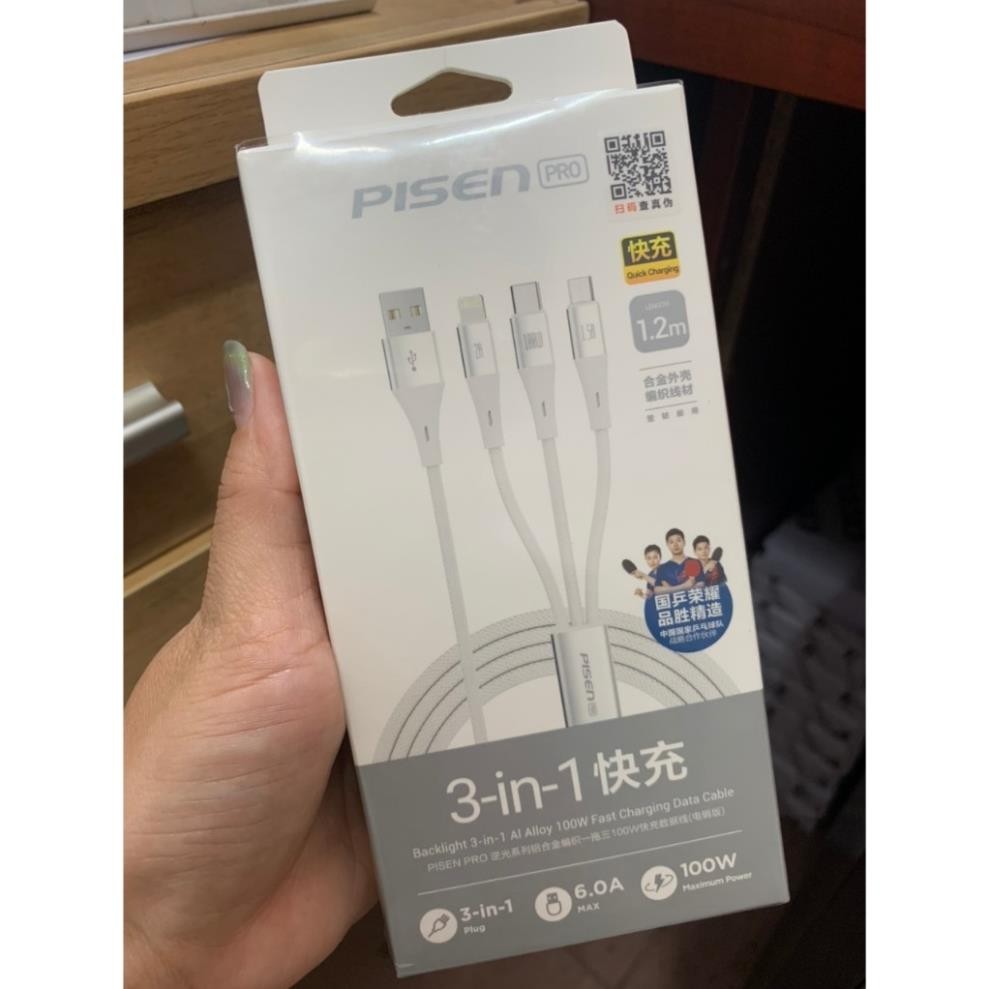 Cáp sạc nhanh 3 đầu Pisen AP37 hỗ trợ sạc nhanh 100W Super VOOC ...