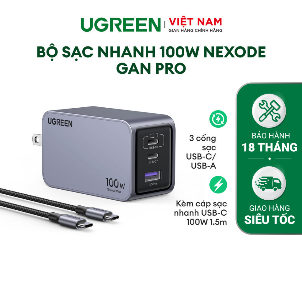 Bộ sạc nhanh UGREEN 100W Nexode GaN Pro X757 | 3 cổng sạc USB C/USB A | Kèm cáp sạc nhanh Type-C ...
