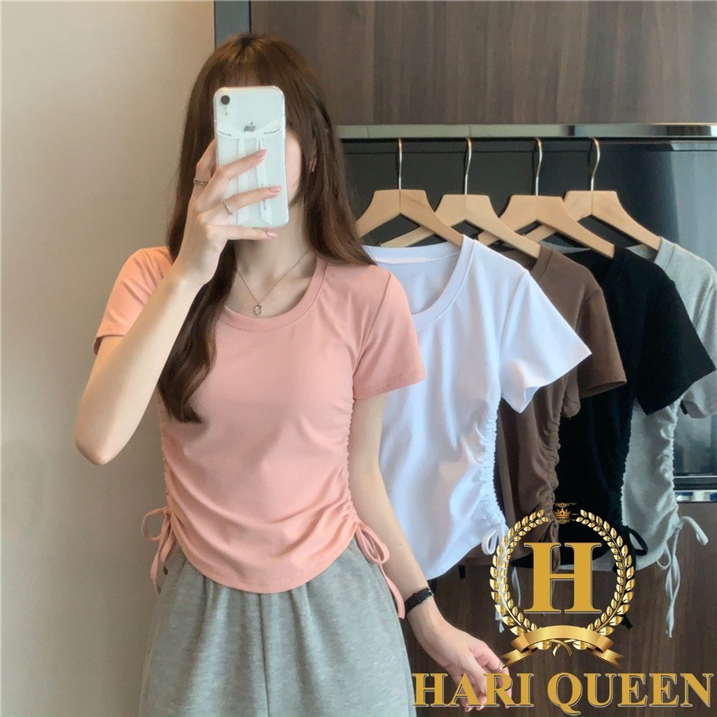 Áo thun nữ dáng babytee cổ tròn dây rút 2 bên hông phong cách Hàn Quốc HARIQUEEN | Shopee Việt Nam