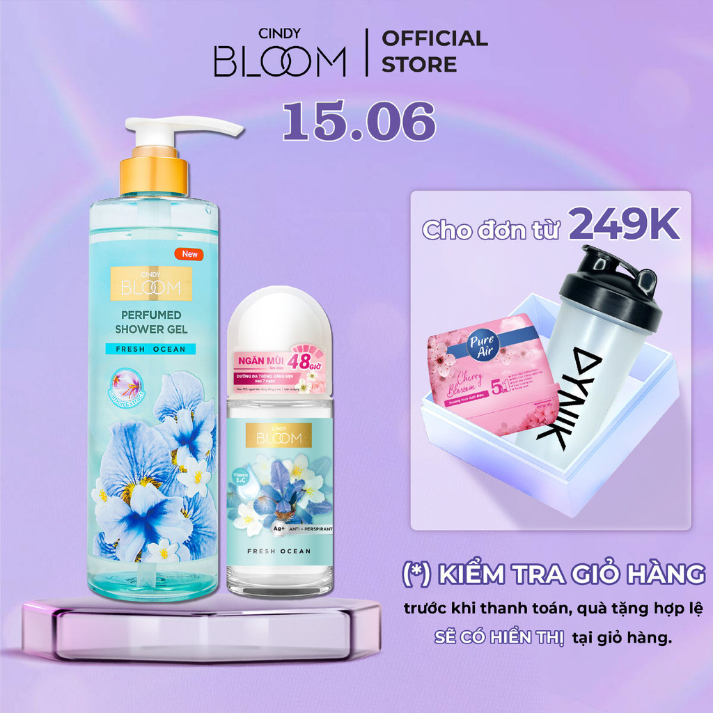 [15.6 | ĐƠN 249K - NHẬN QUÀ 0Đ] Combo Sữa tắm+Lăn khử mùi Cindy Bloom Fresh Ocean hương năng ...