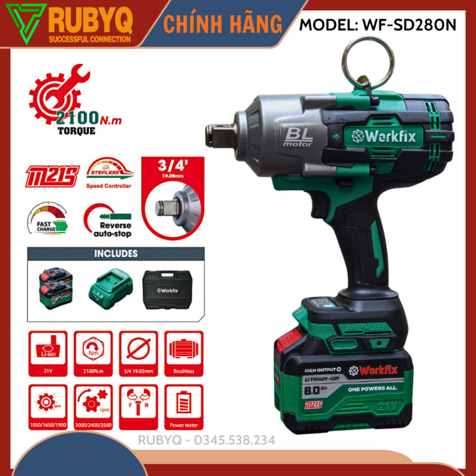 Máy Bắn Bulong WORKFIX WF-IW2100N Auto Stop Không Chổi Than, Lực Siết ...