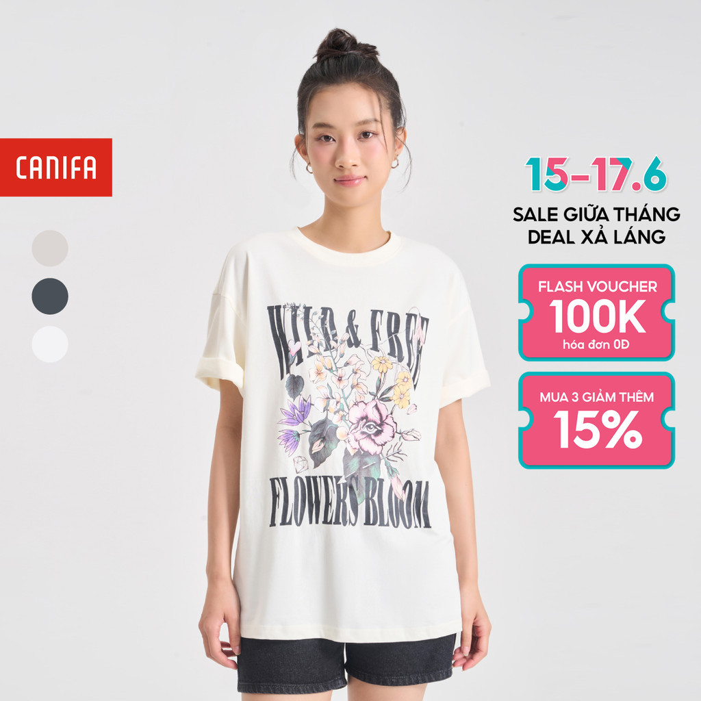 Áo phông nữ CANIFA áo thun cộc tay cổ tròn có hình in chất liệu cotton ...