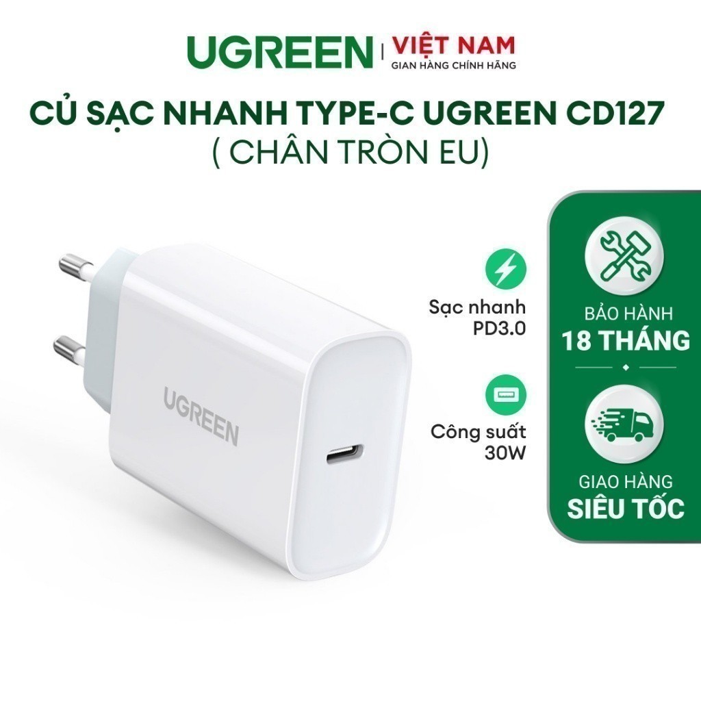 Củ sạc nhanh PD3.0 30W cổng Type C UGREEN CD127 | Sạc nhanh an toàn | Vật liệu chất lượng cao ...