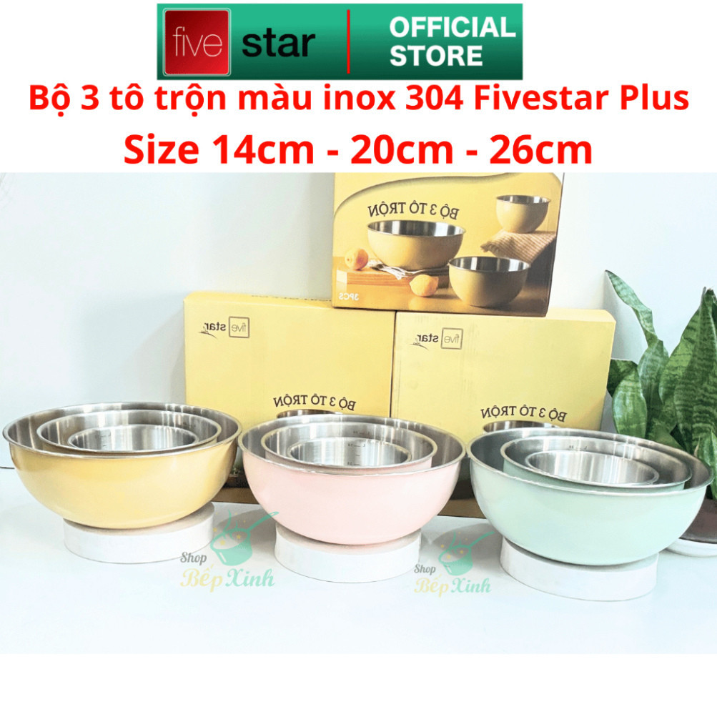 Bộ tô trộn Inox 304 FIVESTAR 3 món size 14cm - 20cm - 26cm dùng để Trộn Slad, Ướp Thịt, Trộn Bột ...