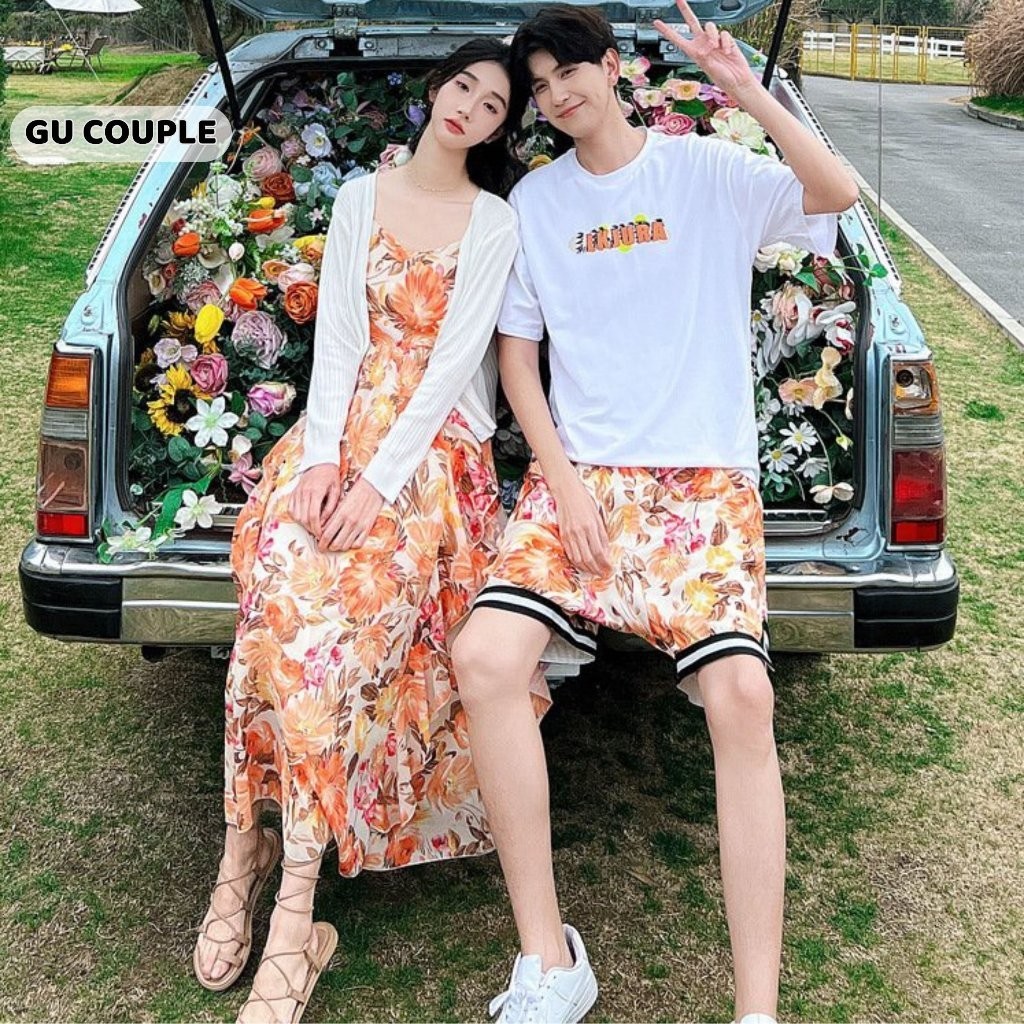 Đồ đôi đi biển nam nữ set couple váy hai dây nữ maxi áo nam quần short ...