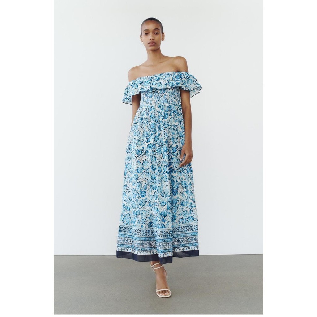 Zara đầm trễ vai họa tiết hoa xanh maxi - Zara made in Morocco full tag ...
