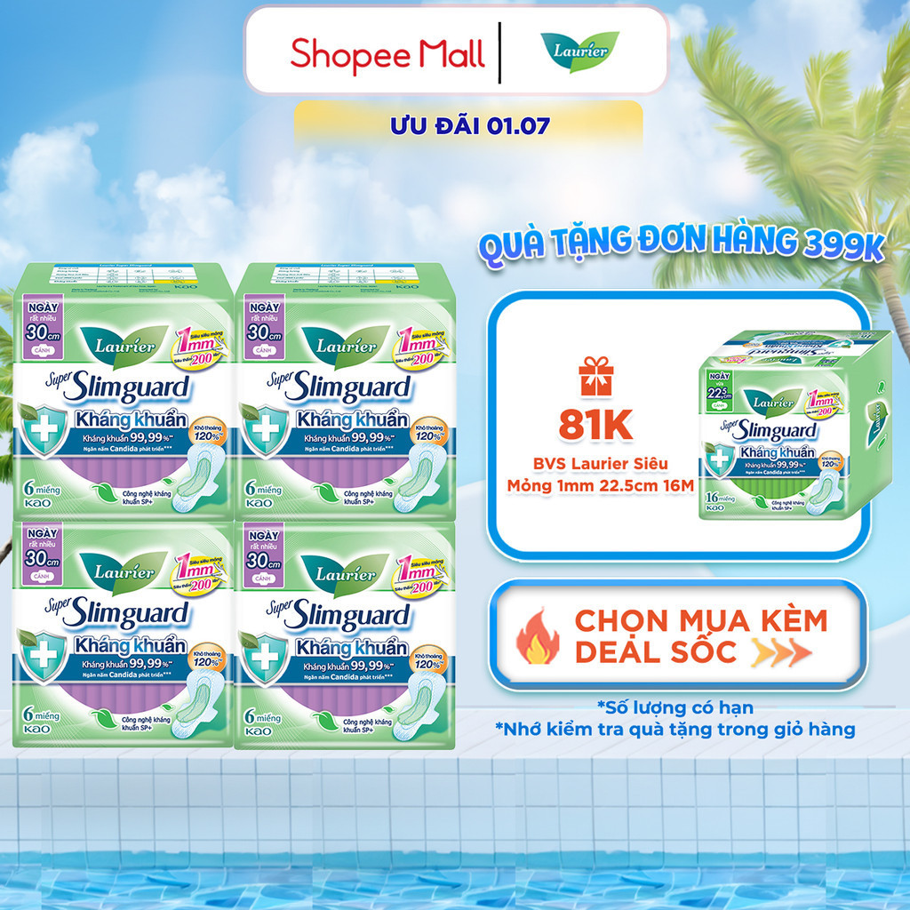 Combo 4 gói BVS Laurier Siêu Mỏng 1mm Kháng khuẩn 30cm 6 miếng | Shopee ...