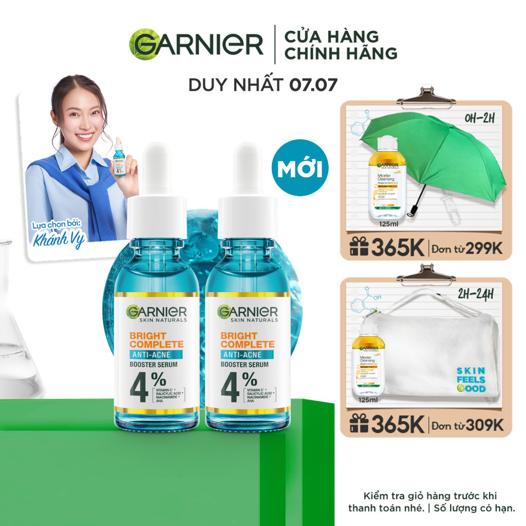 Bộ đôi dưỡng chất cho da dầu mụn Garnier Bright Complete Anti-Acne Serum 4% [Niacinamide, BHA ...