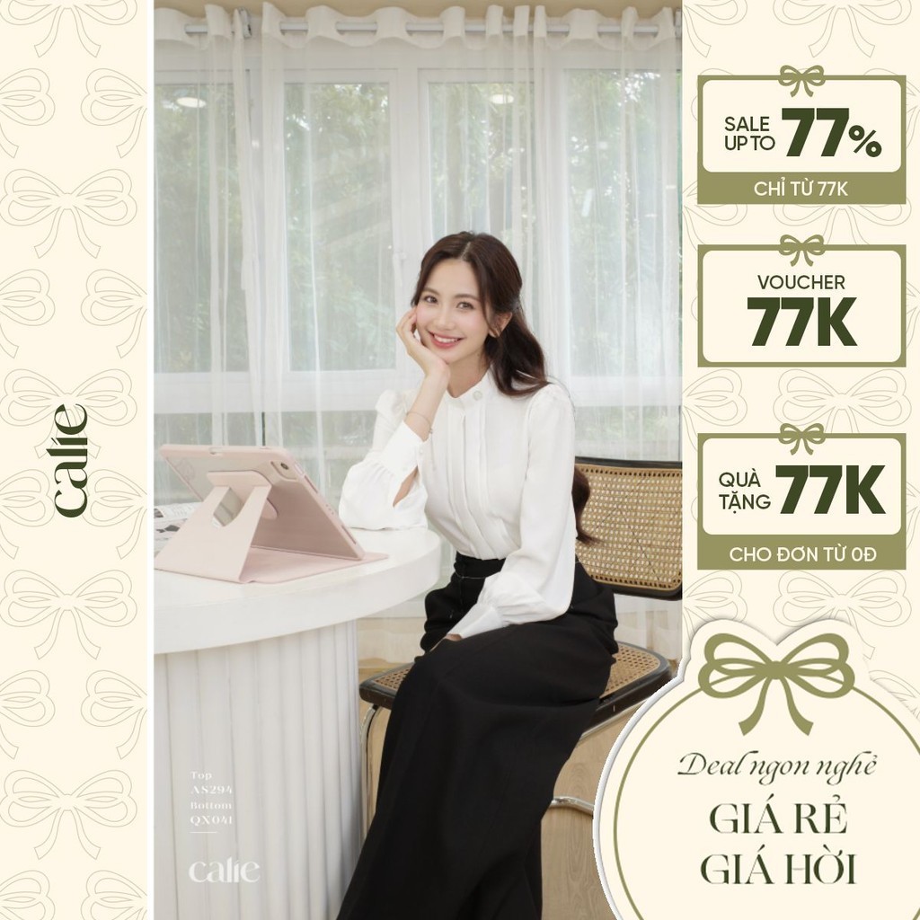Áo sơ mi nữ CALIE dài tay cổ trụ xếp ly thân AS294 | Shopee Việt Nam